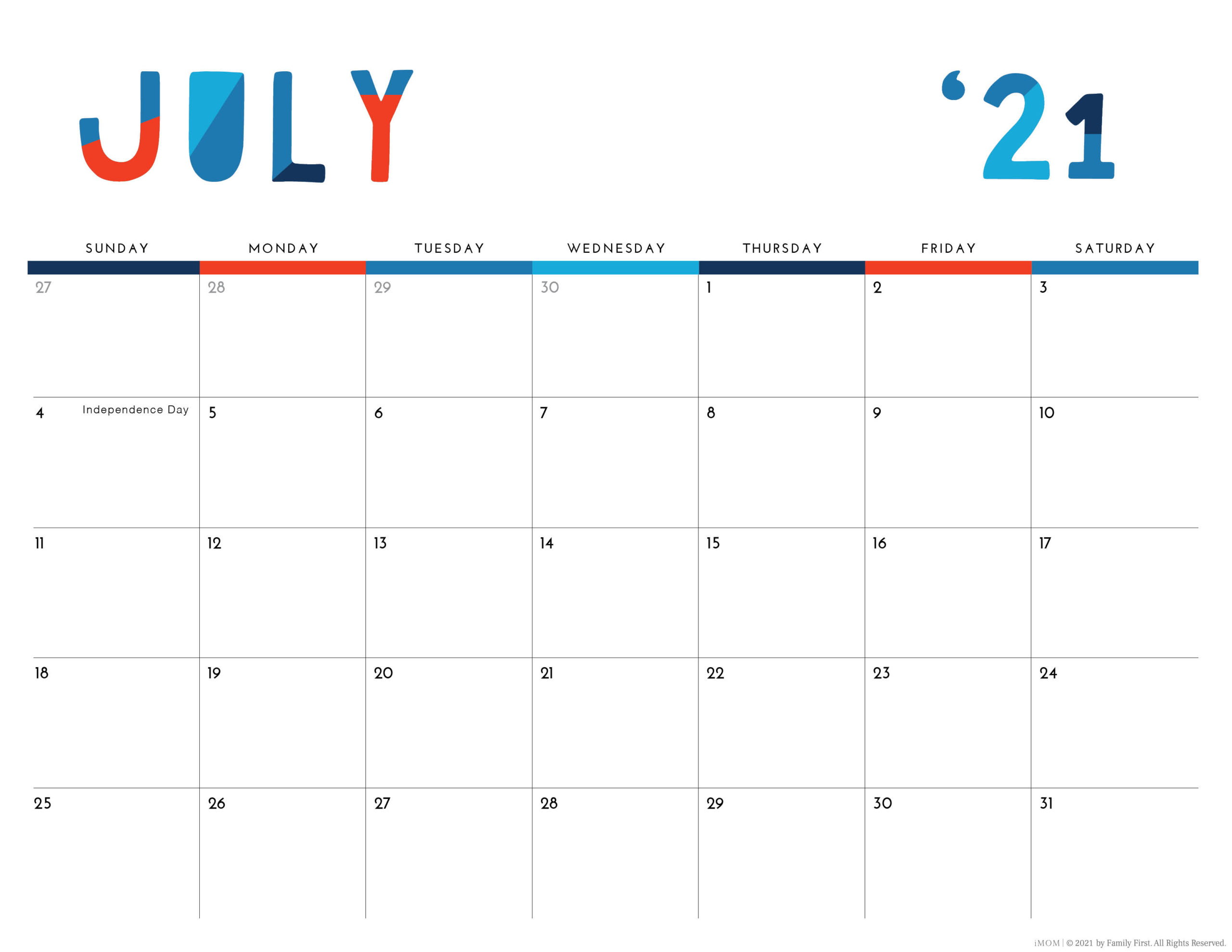 2021 Colorful Printable Calendar for Moms - iMOM