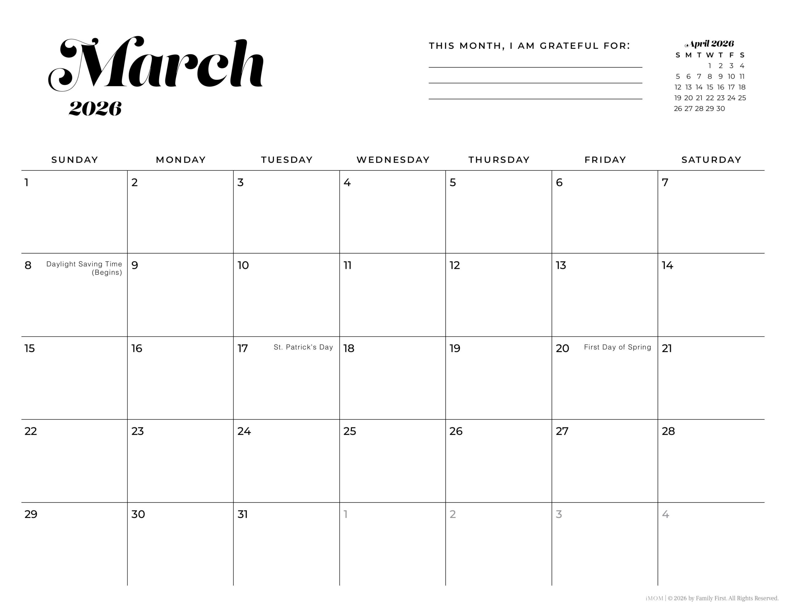 2025-2026 Simple Printable Calendar for Moms - iMOM