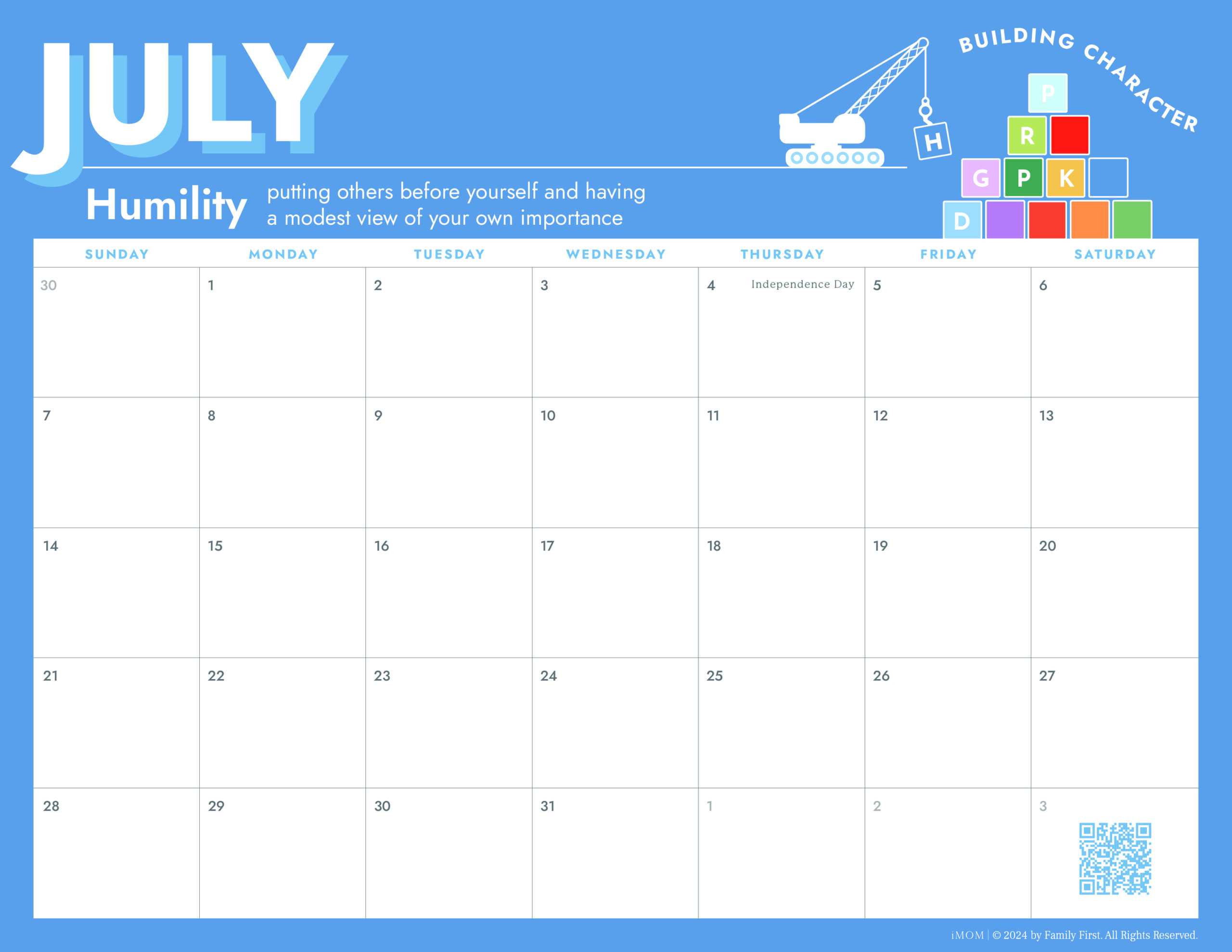 2024 Good Character Traits for Kids Printable Calendar - iMOM